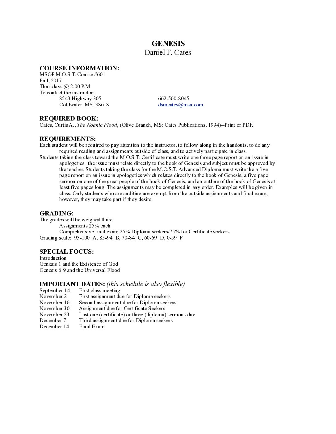 MSOP MOST Genesis Syllabus - Memphis School of Preaching MSOP